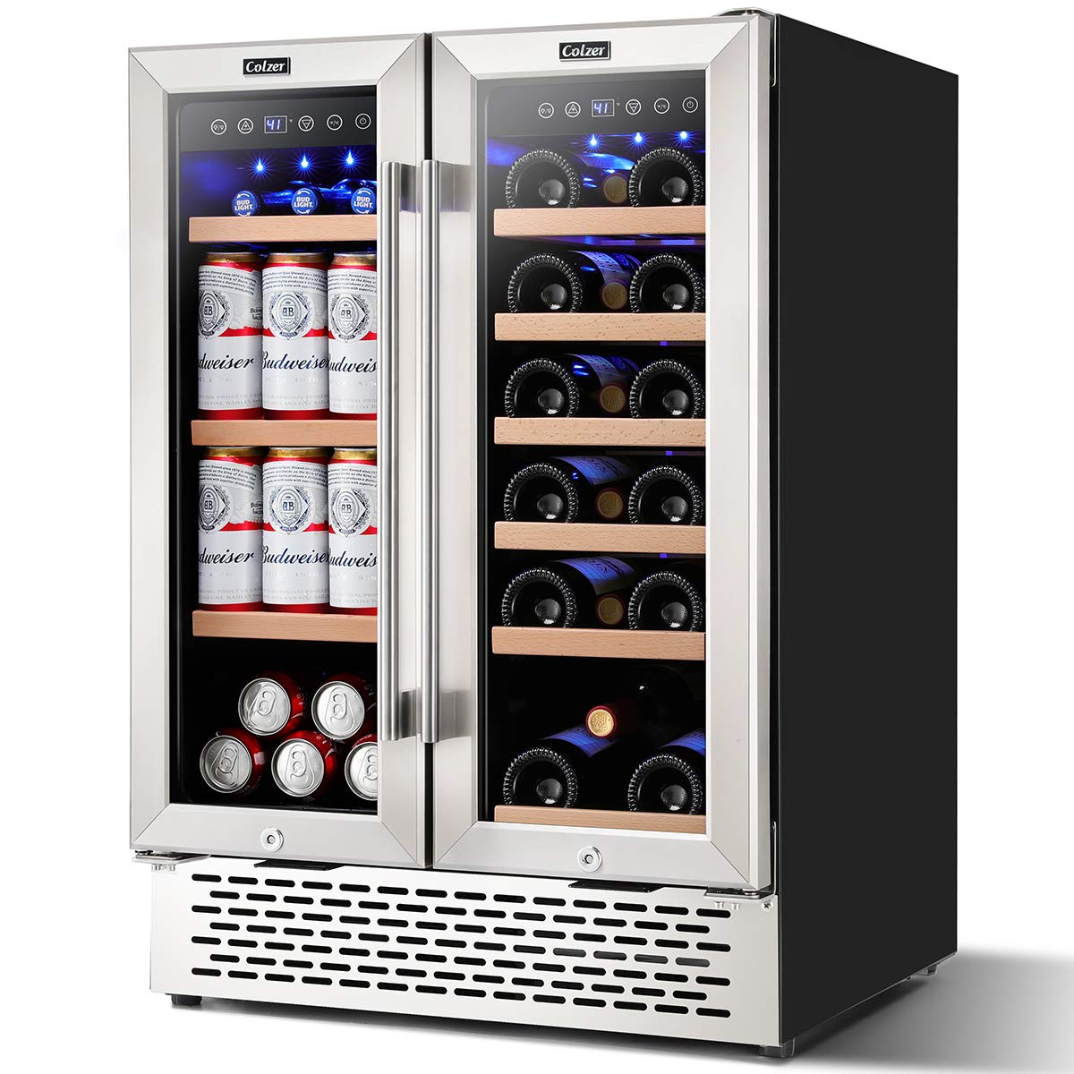 COLZER 24 Inch Beverage Fridge and Wine Cooler Dual Zone, Wine Beverage Refrigerator 18 Bottles and 57 Cans (120L) for Beer Wine Soda Drink