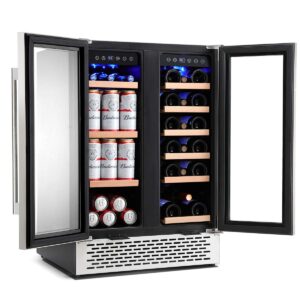 COLZER 24 Inch Beverage Fridge and Wine Cooler Dual Zone, Wine Beverage Refrigerator 18 Bottles and 57 Cans (120L) for Beer Wine Soda Drink