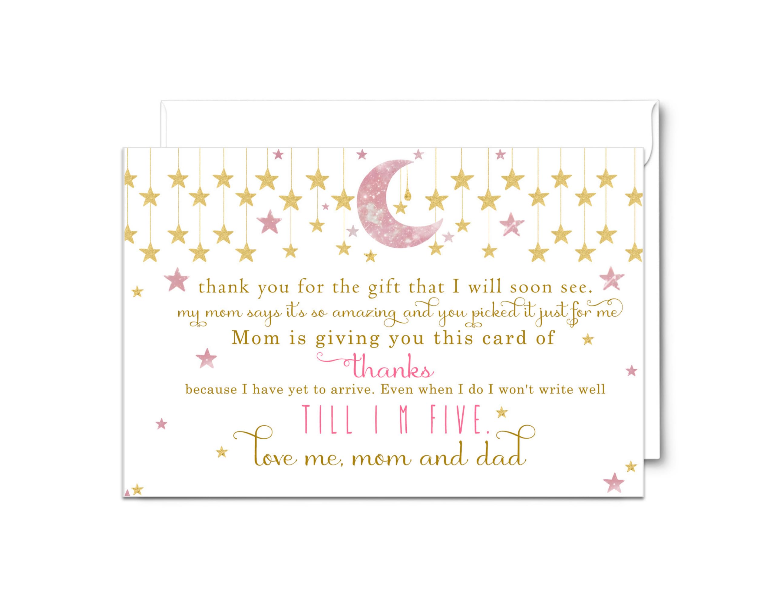 25 Twinkle Little Star Baby Thank You Cards Pack – Girls Baby Shower Notes with Envelopes Set, Prefilled Message, Customizable and Personalize Blank Stationery Pink and Gold, New Parents Gift Ideas