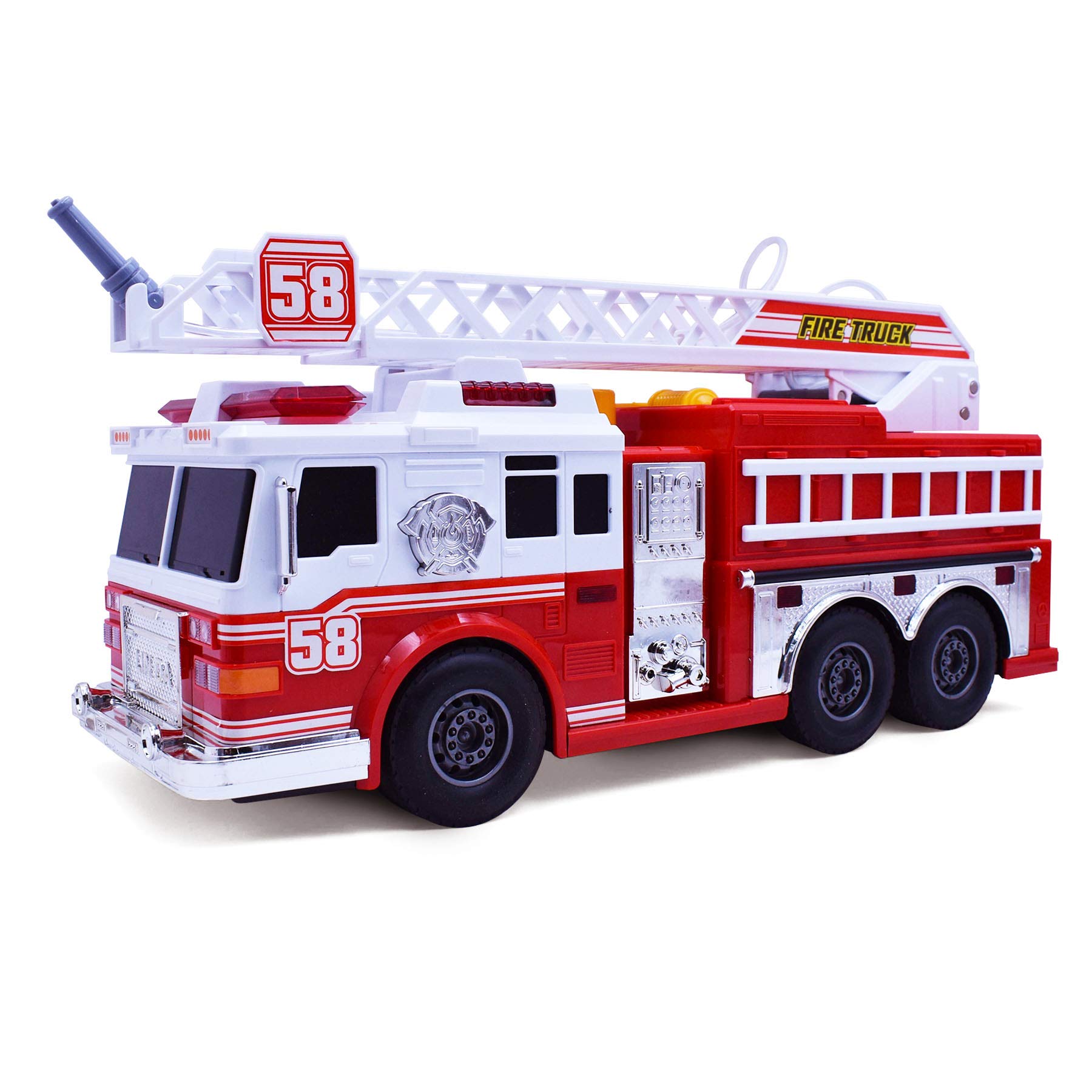 VEBO Fire Truck Motorized with Lights, Siren Sound, Working Water Pump and Rotating Rescue Ladder- Electric, Motorized, Big Fun Size 15", Realistic Design- for Toddlers, Kids Aged 3+ Years Old