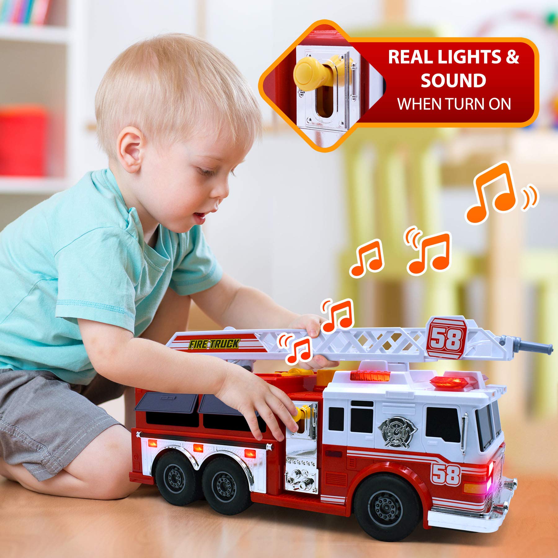 VEBO Fire Truck Motorized with Lights, Siren Sound, Working Water Pump and Rotating Rescue Ladder- Electric, Motorized, Big Fun Size 15", Realistic Design- for Toddlers, Kids Aged 3+ Years Old