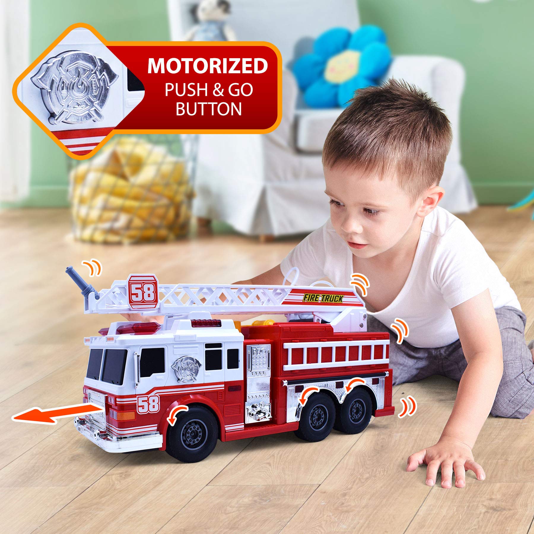 VEBO Fire Truck Motorized with Lights, Siren Sound, Working Water Pump and Rotating Rescue Ladder- Electric, Motorized, Big Fun Size 15", Realistic Design- for Toddlers, Kids Aged 3+ Years Old