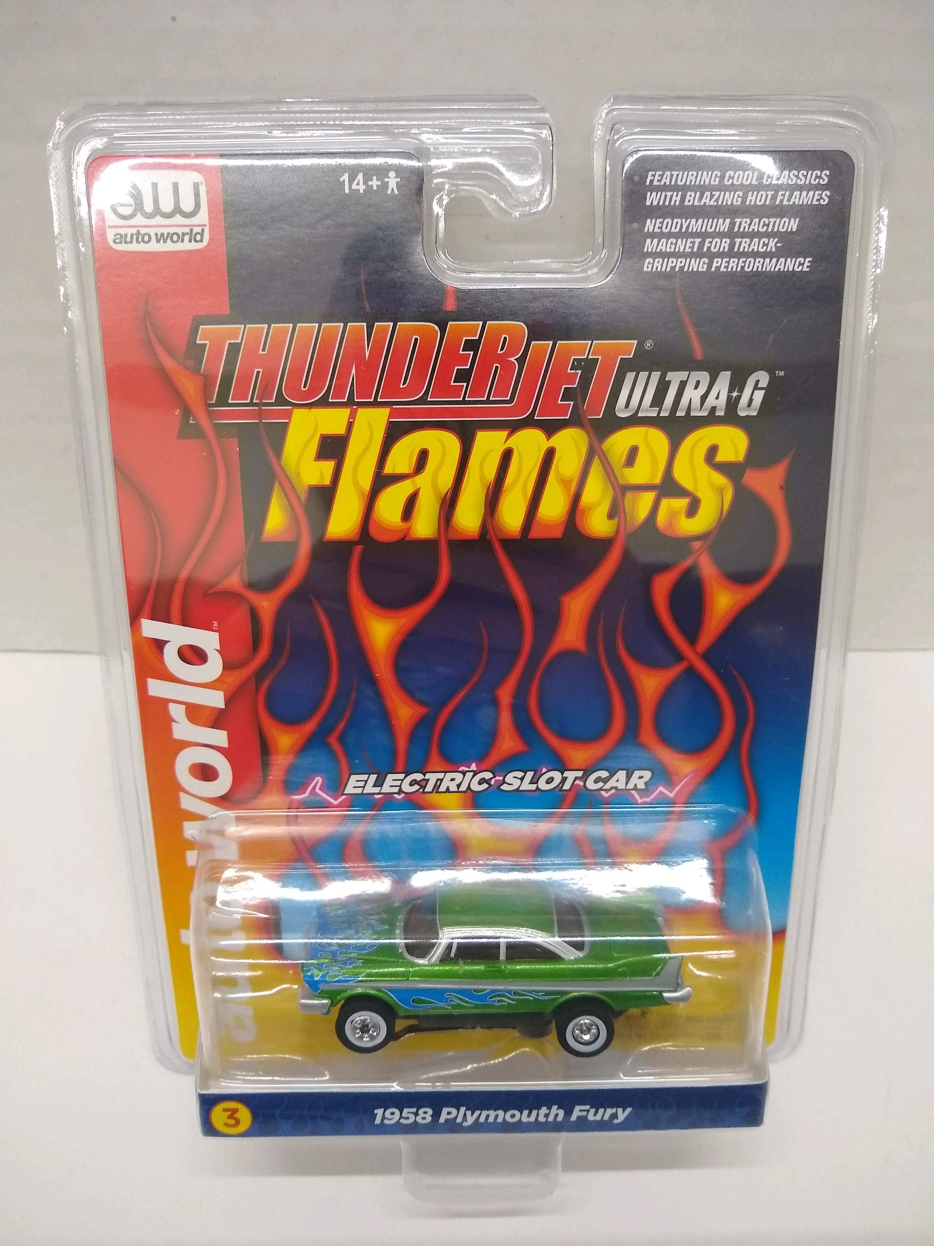 Auto World SC353 Flames 1958 Plymouth Fury HO Scale Electric Slot Car