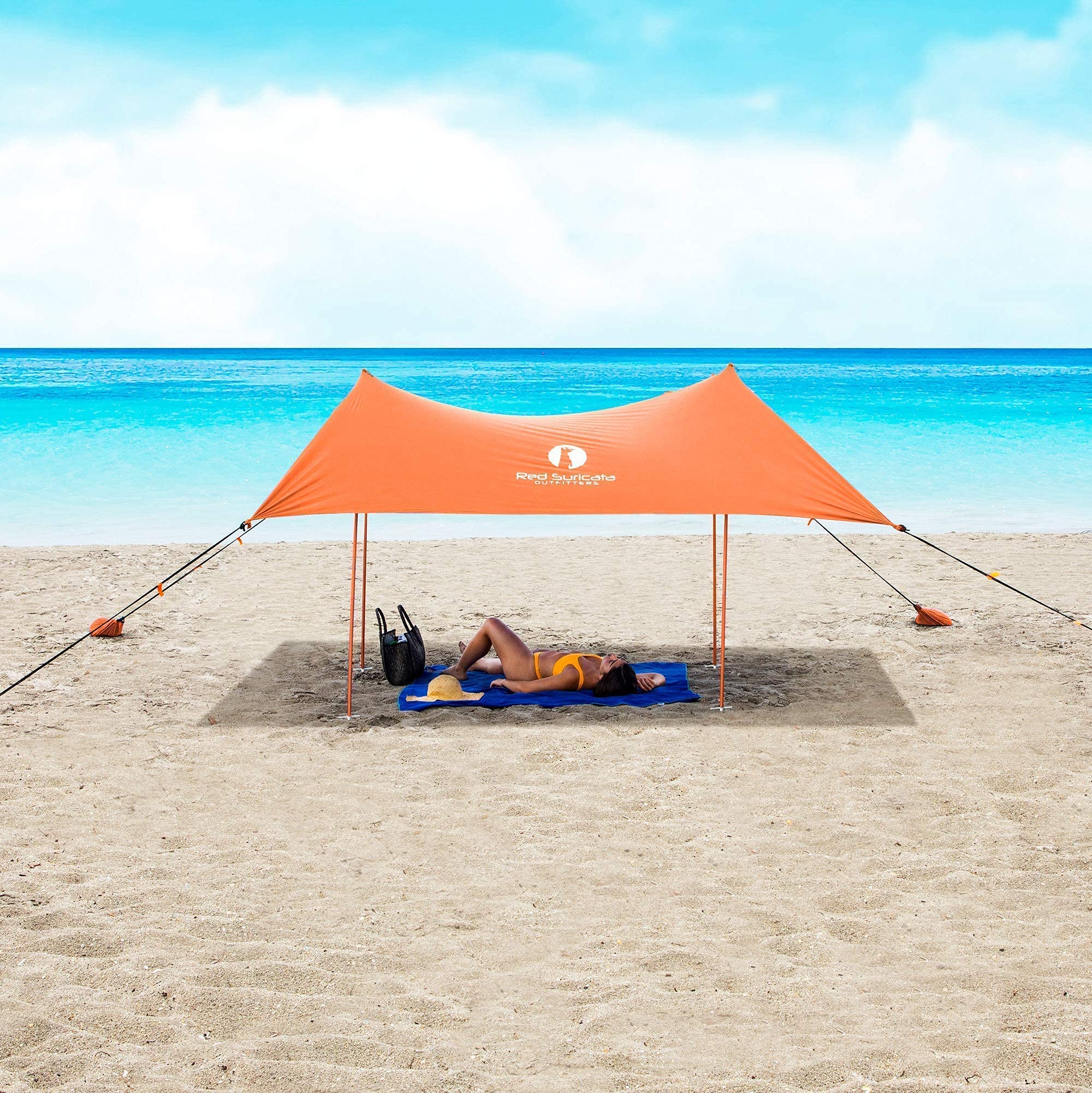 Red Suricata Family Beach Tent & Beach Canopy & 2 Beverage Holders Bundle - UPF50 UV Sun Shade Shelter (Medium, Orange)