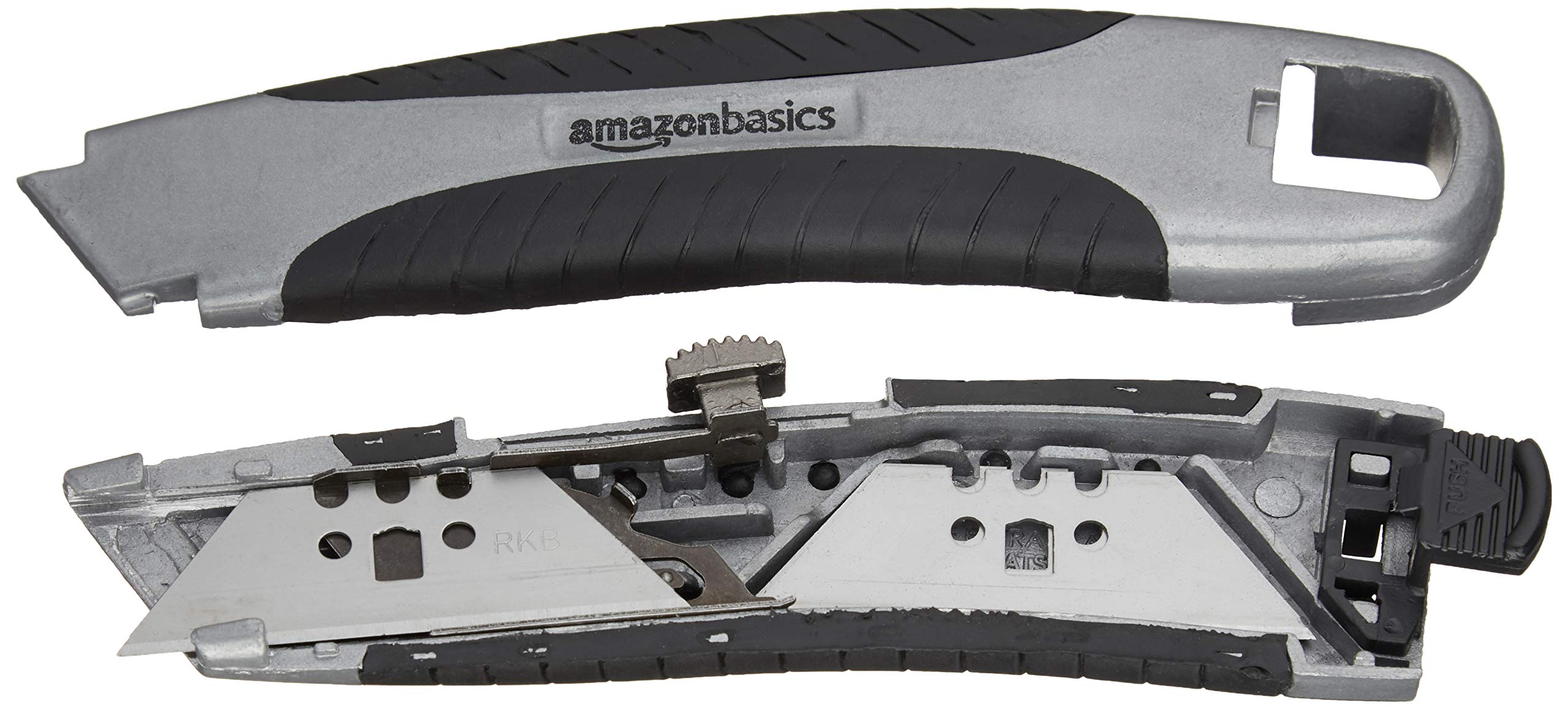 Amazon Basics Soft Grip Retractable Utility Knife with 3 Blades, Black/Silver