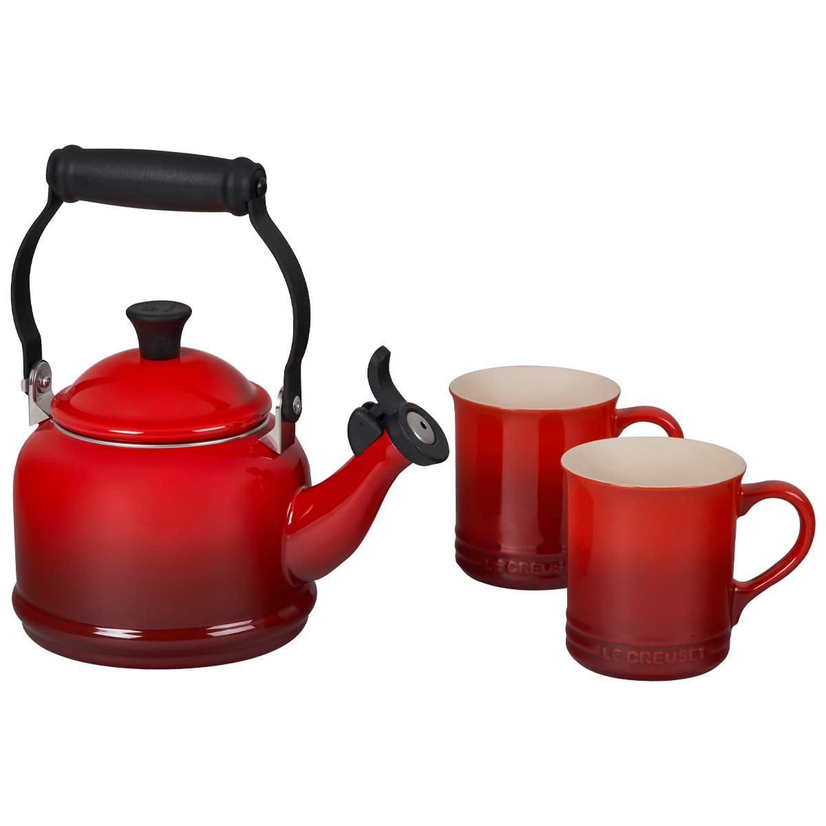 Le Creuset Enamel On Steel Demi Kettle & Stoneware Set of 2 Mugs, 1.25 qt. Kettle & (2) 14 oz. Mugs, Cerise