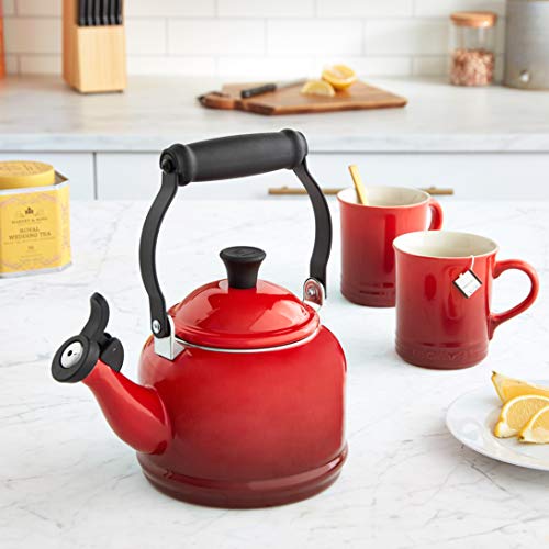 Le Creuset Enamel On Steel Demi Kettle & Stoneware Set of 2 Mugs, 1.25 qt. Kettle & (2) 14 oz. Mugs, Cerise