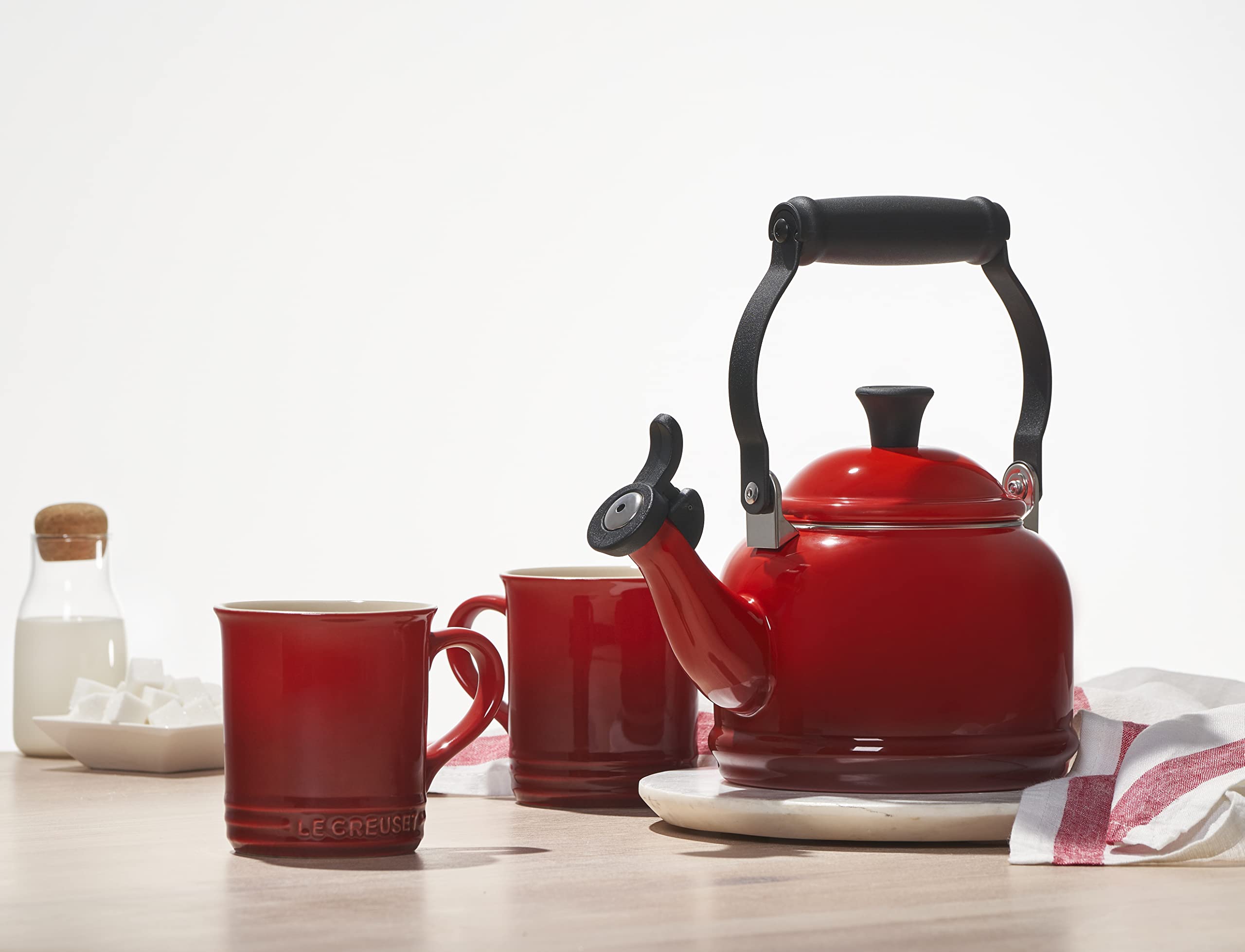 Le Creuset Enamel On Steel Demi Kettle & Stoneware Set of 2 Mugs, 1.25 qt. Kettle & (2) 14 oz. Mugs, Cerise