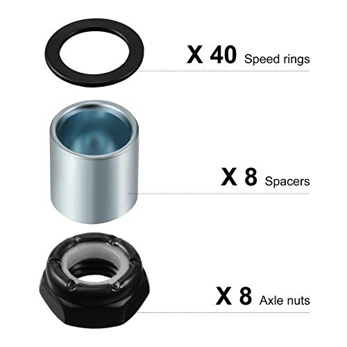 56 Pieces Skateboard Truck Hardware Kit Includes 8 Pieces Spacers, 8 Pieces Axle Nuts and 40 Pieces Speed Rings for Skateboard and Longboard