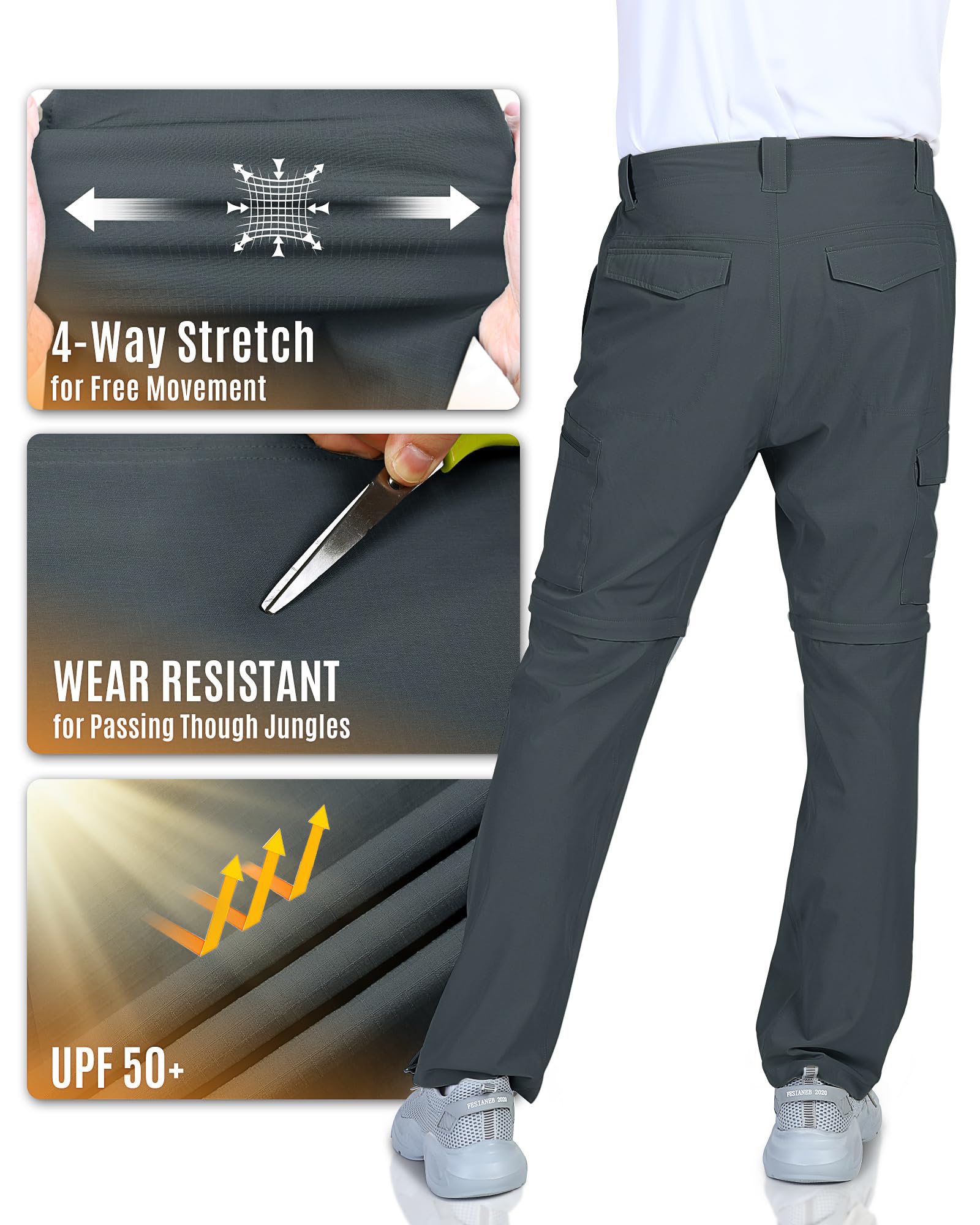 Outdoor Ventures Mens Hiking Pants Lightweight Quick Dry Convertible Pants, Stretch Zip-Off Cargo Pants for Travel Fishing Gery