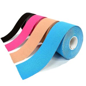 obtanim 4 rolls waterproof breathable kinesiology tape, athletic elastic kneepad muscle pain relief knee taping for gym fitness running tennis swimming football (black, skin, pink, light blue)