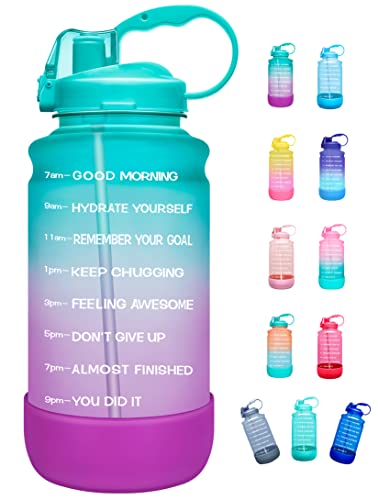 Elvira Half Gallon/64oz Motivational Time Marker Water Bottle with Straw & Protective Silicone Boot, BPA Free Anti-Slip Leakproof for Fitness, Gym and Outdoor Sports