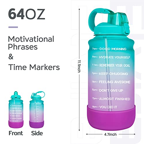 Elvira Half Gallon/64oz Motivational Time Marker Water Bottle with Straw & Protective Silicone Boot, BPA Free Anti-Slip Leakproof for Fitness, Gym and Outdoor Sports