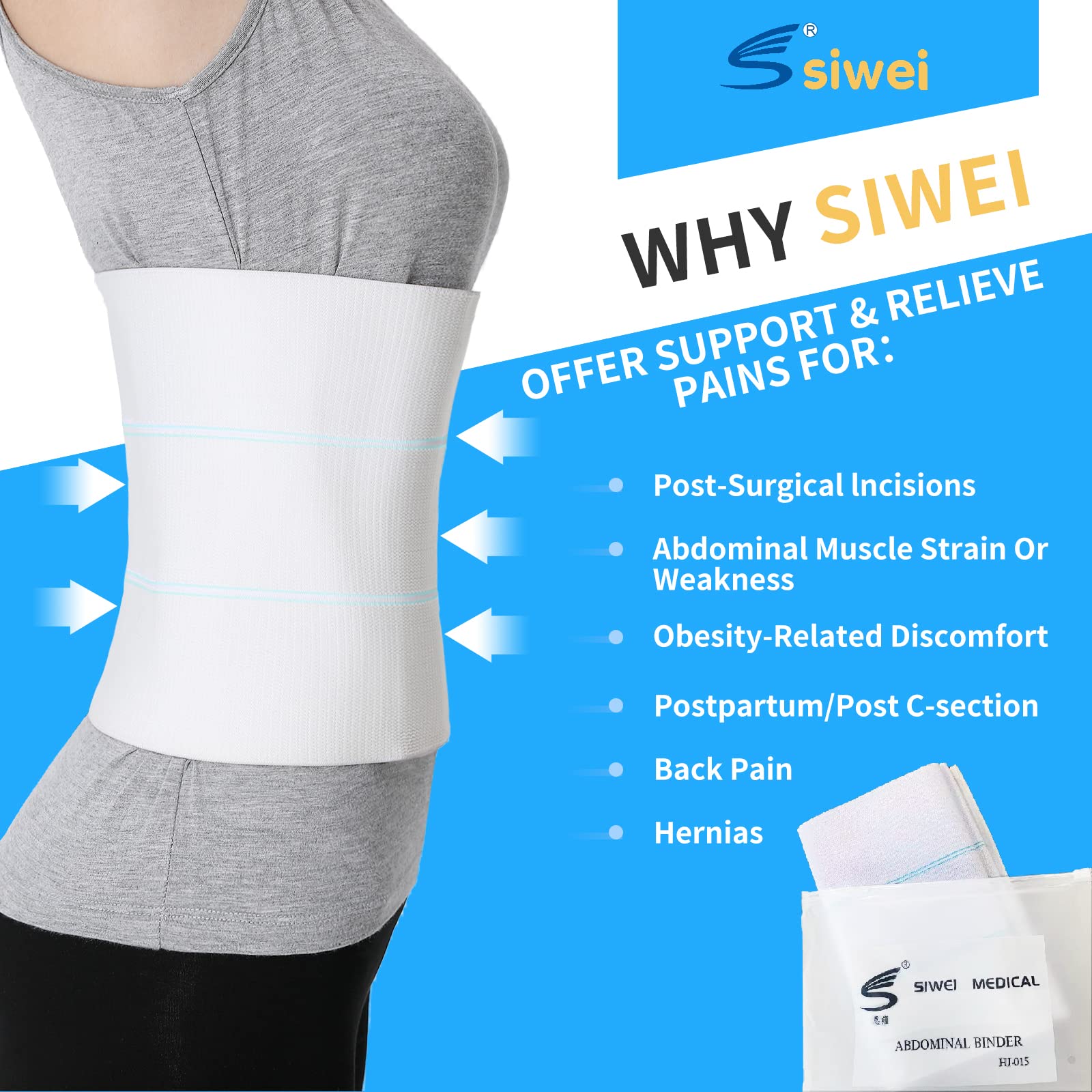 S Abdominal Binder Post Surgery - Elastic Waist Band for Stomach Support & Compression, Bariatric, Tummy Tuck | Latex-free, Breathable Belly Wrap Hernia Belt Lipo Garment - (30" - 45") 3 PANEL - 9"