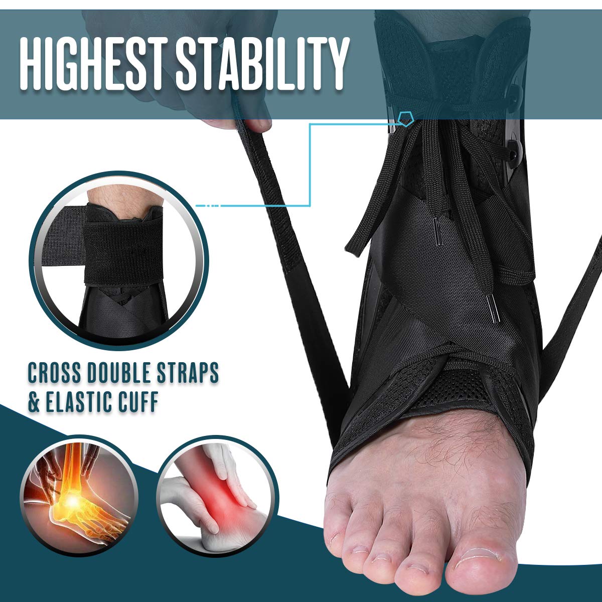 Lace Up Ankle Brace, Cross Strapping Ankle Stabilizer with Dual Side Support for Men & Women, Figure 8 Ankle Support Brace for Sprained Ankle (M)