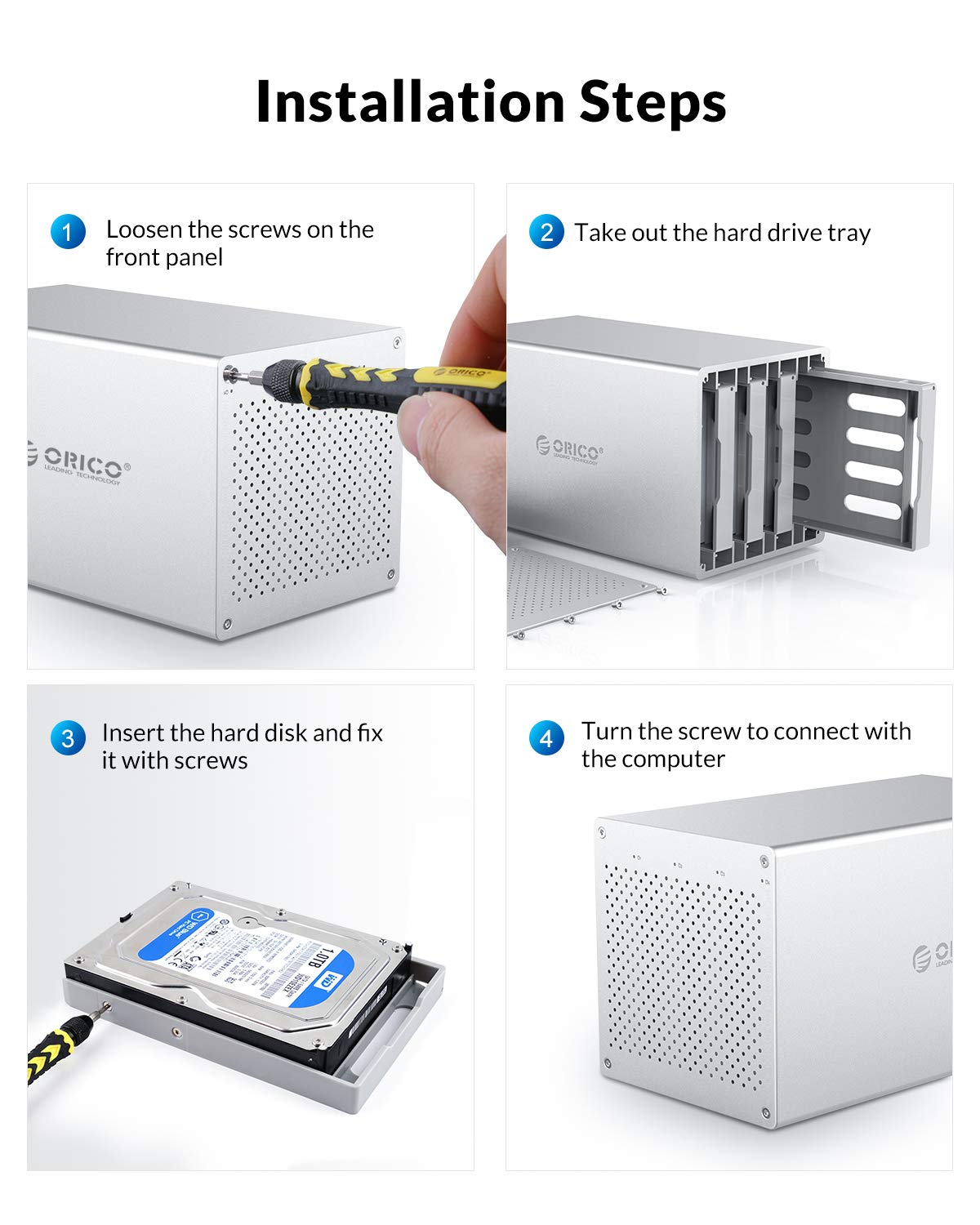 ORICO 3.5'' 4 Bay External Hard Drive Enclosure with RAID USB 3.0 to SATA III Aluminum Drive HDD Enclosure Support RAID0/1/3/5/10/JBOD/Clear-WS400RU3