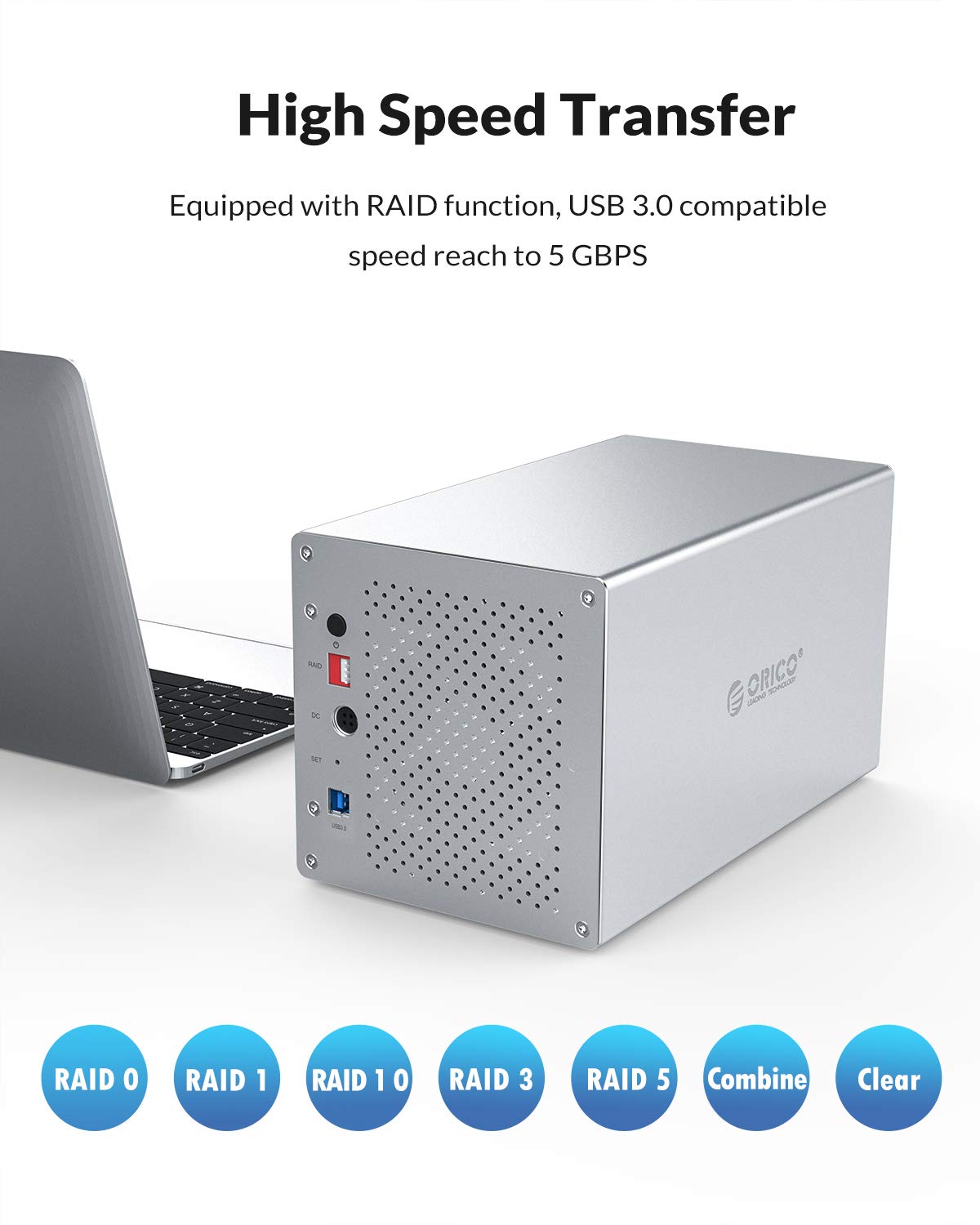 ORICO 3.5'' 4 Bay External Hard Drive Enclosure with RAID USB 3.0 to SATA III Aluminum Drive HDD Enclosure Support RAID0/1/3/5/10/JBOD/Clear-WS400RU3