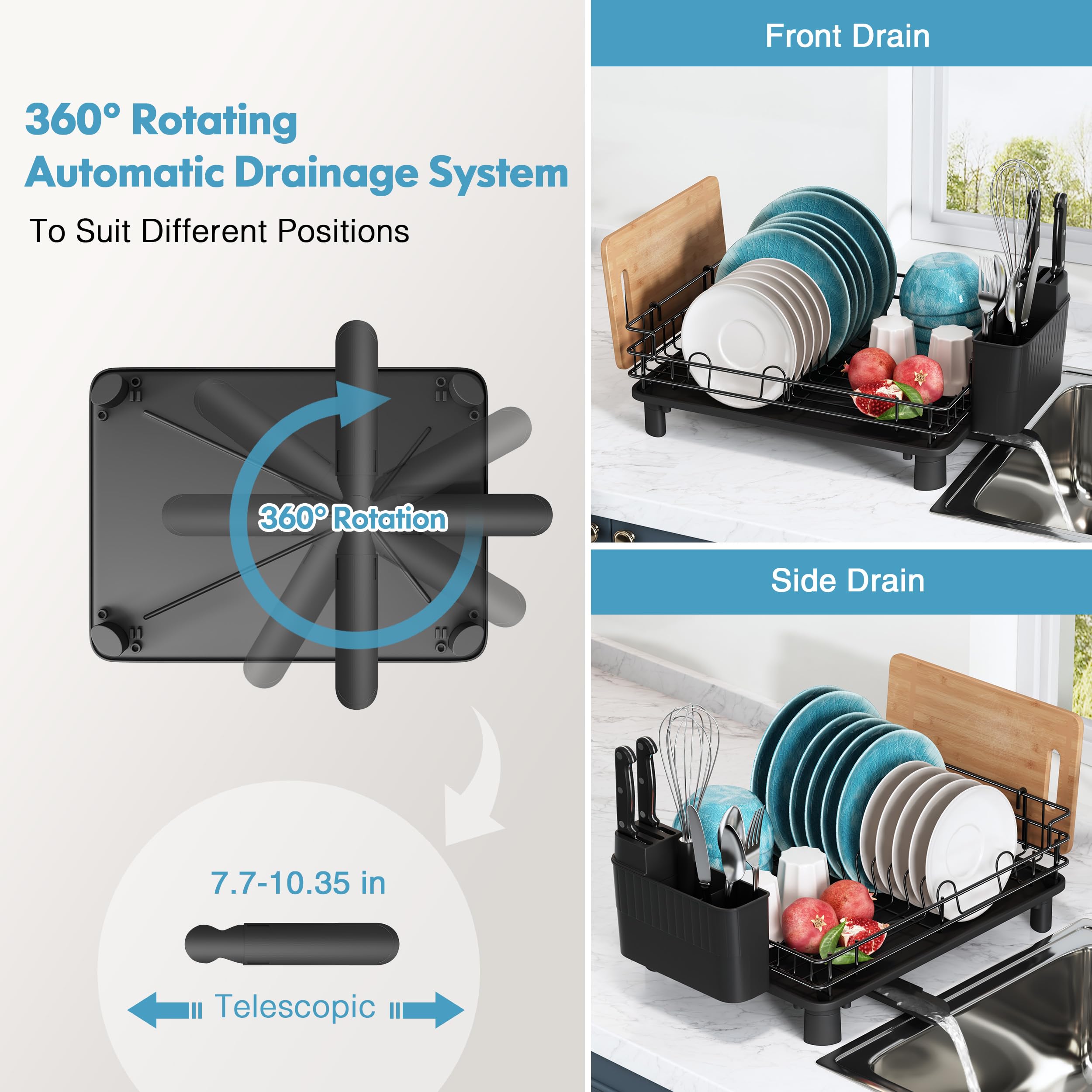 Large 2 Tier Dish Drying Rack with Swivel Spout, romision Stainless Steel Dish Rack Drainboard Set, Dish Drainers for Kitchen Counter with Cutting Board Holder, Utensil Holder, Cup Holder and Dry Mat