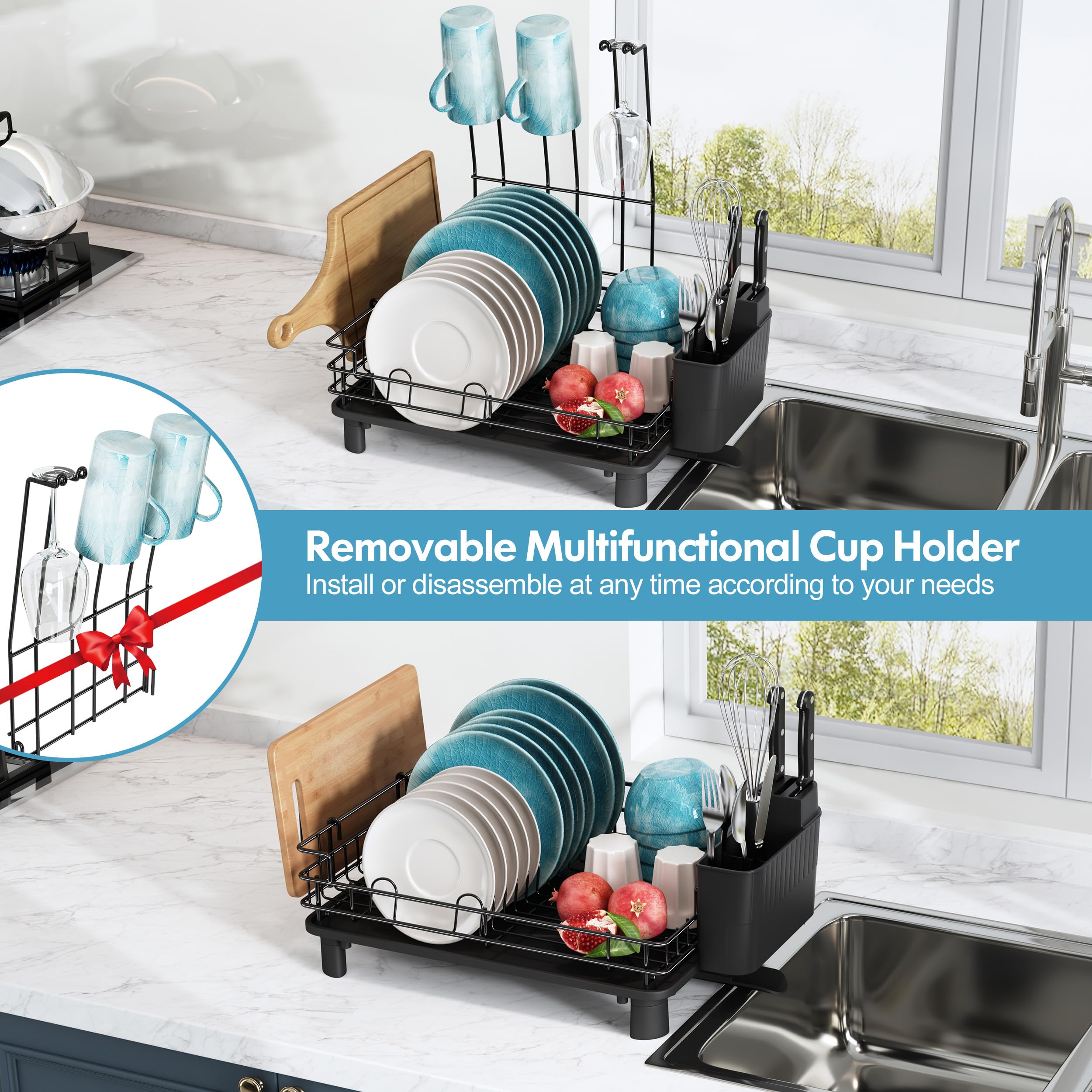 Large 2 Tier Dish Drying Rack with Swivel Spout, romision Stainless Steel Dish Rack Drainboard Set, Dish Drainers for Kitchen Counter with Cutting Board Holder, Utensil Holder, Cup Holder and Dry Mat