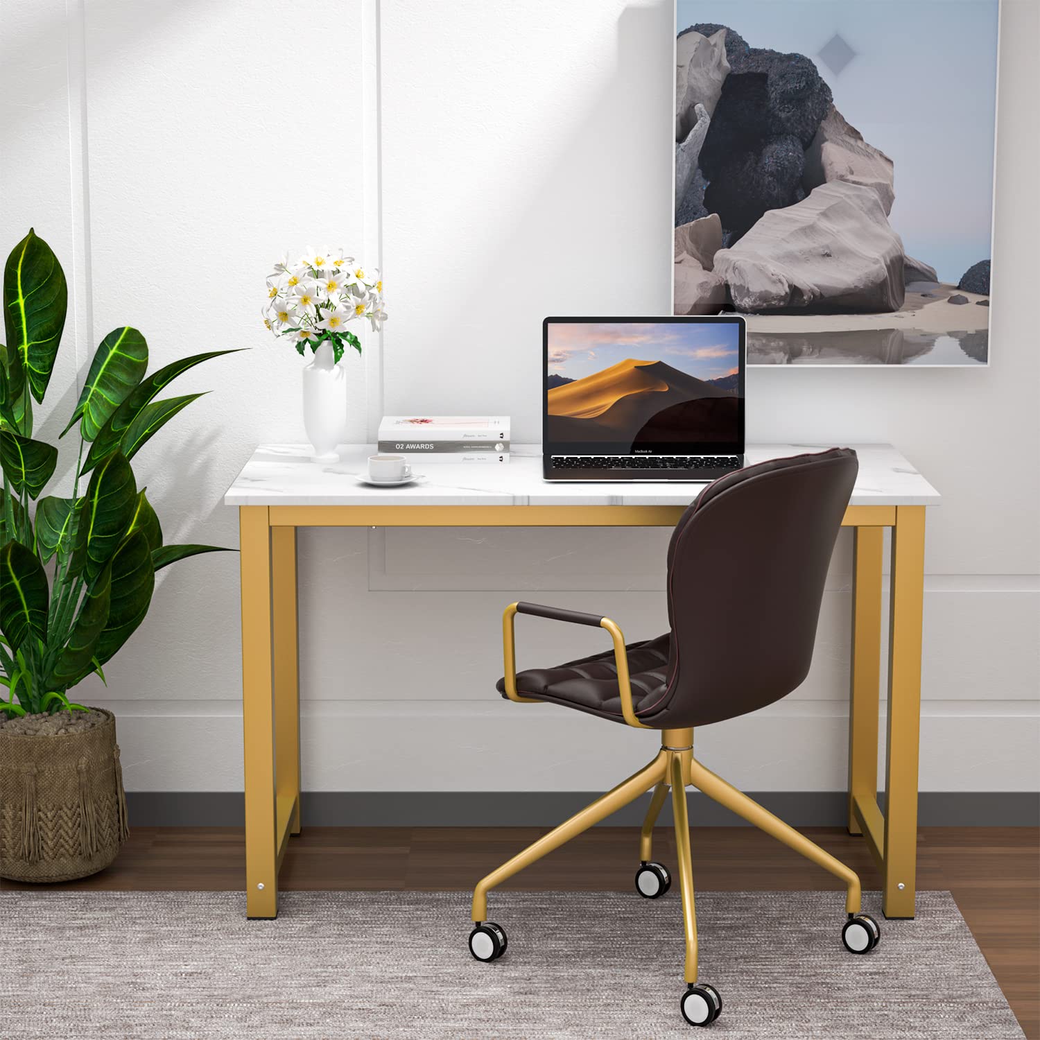 Dorriss Computer Desk,Home Office Desks, 47" Computer Table, Writing Desk,Marble Desk,White and Gold Desk, White Faux Marble Desk,Gold Metal Frame, White Desk,Marble Computer Desk for Home Office