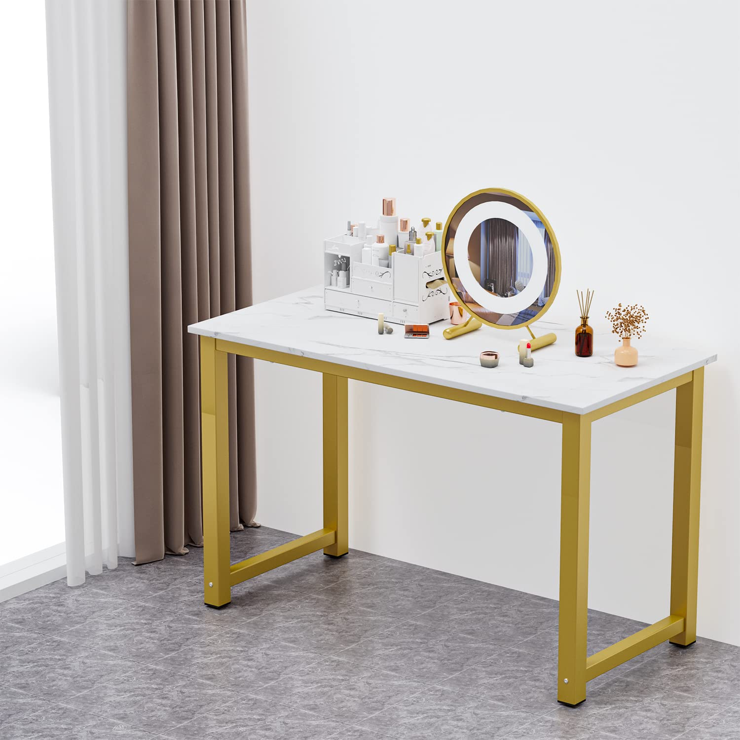 Dorriss Computer Desk,Home Office Desks, 47" Computer Table, Writing Desk,Marble Desk,White and Gold Desk, White Faux Marble Desk,Gold Metal Frame, White Desk,Marble Computer Desk for Home Office