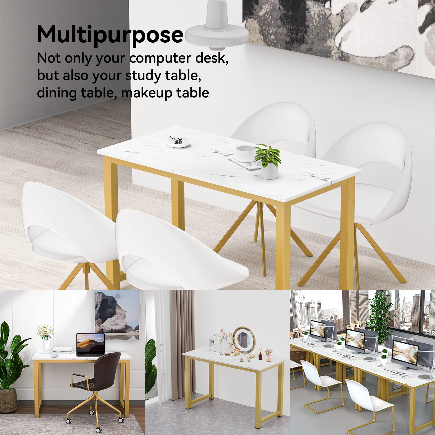 Dorriss Computer Desk,Home Office Desks, 47" Computer Table, Writing Desk,Marble Desk,White and Gold Desk, White Faux Marble Desk,Gold Metal Frame, White Desk,Marble Computer Desk for Home Office