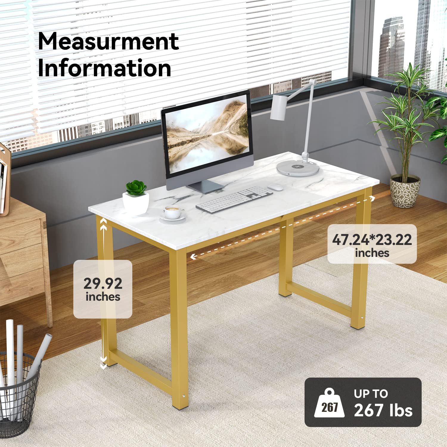 Dorriss Computer Desk,Home Office Desks, 47" Computer Table, Writing Desk,Marble Desk,White and Gold Desk, White Faux Marble Desk,Gold Metal Frame, White Desk,Marble Computer Desk for Home Office