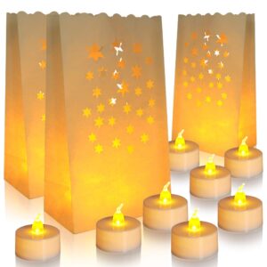 anzome flameless tea lights with 30 packs luminary bags, 30 battery operated led unscented tea lights fake tea candles with realistic flames, christmas, weddings, parties, festivals, halloween decor