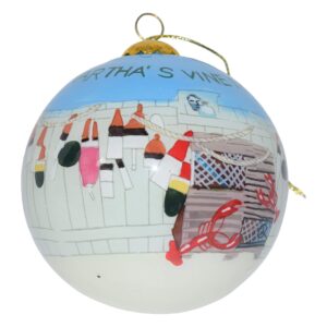 blown glass christmas ornament | lobster traps & buoys on fence martha's vineyard | hand painted inside | original art | includes gift box