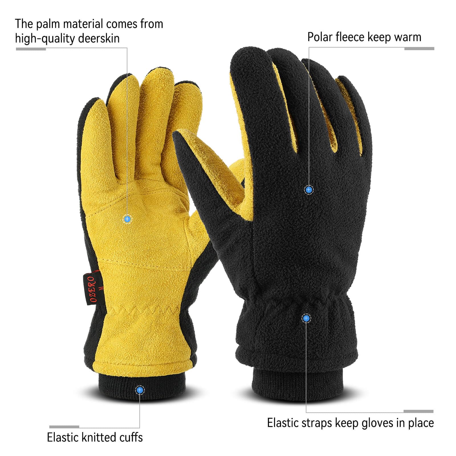 OZERO Winter Gloves for Men Women: Water-Resistant Thick Cold Weather Gloves with Deerskin Suede Leather Palm for Driving Bike Riding Hiking Snow Skiing Tan-Black Small