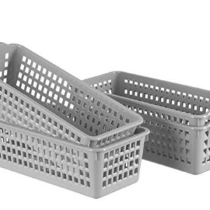 Plastic Storage Basket - 4 Pack Plastic Storage Basket Tray, Gray Stackable Plastic Weave Basket, Organizing Baskets for Home Bathroom Kitchen or Office Desktop