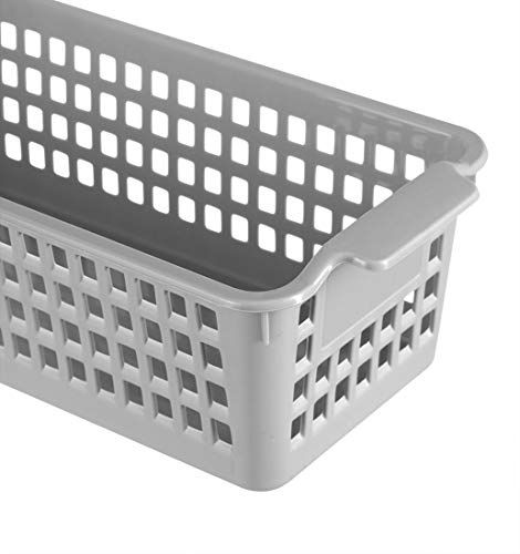 Plastic Storage Basket - 4 Pack Plastic Storage Basket Tray, Gray Stackable Plastic Weave Basket, Organizing Baskets for Home Bathroom Kitchen or Office Desktop