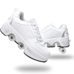 double-row deform wheel automatic walking shoes invisible deformation roller skate 2 in 1 removable pulley skates skating parkour (white silver, us8.5)