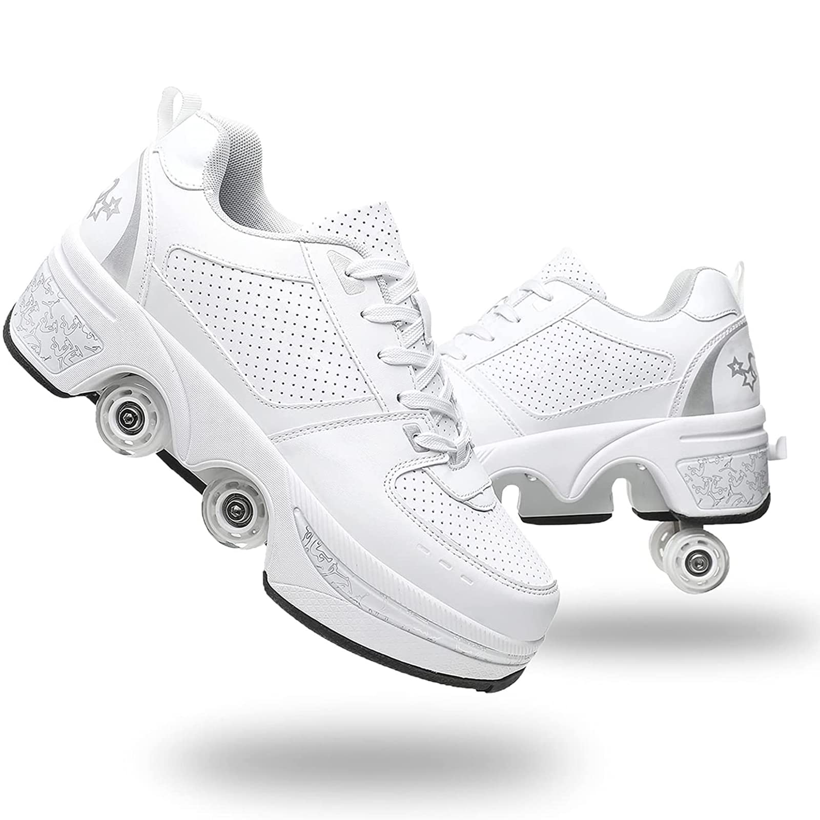 Double-Row Deform Wheel Automatic Walking Shoes Invisible Deformation Roller Skate 2 in 1 Removable Pulley Skates Skating Parkour (White Silver, US8.5)