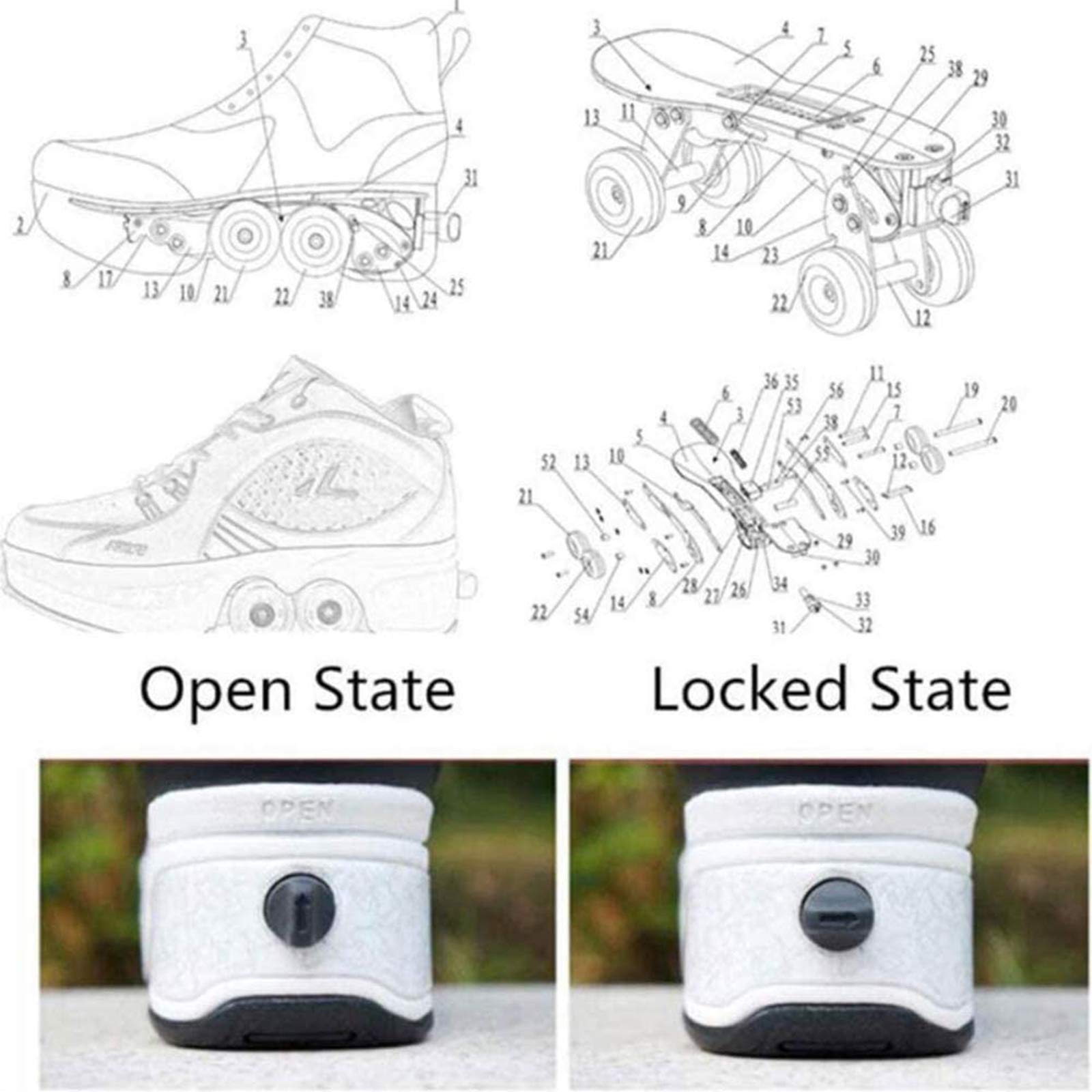 Double-Row Deform Wheel Automatic Walking Shoes Invisible Deformation Roller Skate 2 in 1 Removable Pulley Skates Skating Parkour (White Silver, US8.5)