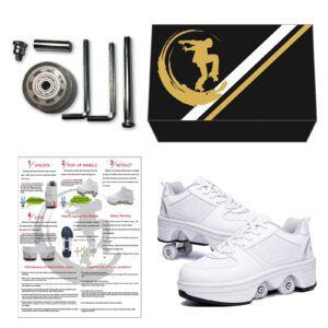 Double-Row Deform Wheel Automatic Walking Shoes Invisible Deformation Roller Skate 2 in 1 Removable Pulley Skates Skating Parkour (White Silver, US8.5)