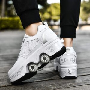 Double-Row Deform Wheel Automatic Walking Shoes Invisible Deformation Roller Skate 2 in 1 Removable Pulley Skates Skating Parkour (White Silver, US8.5)