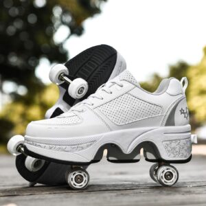 Double-Row Deform Wheel Automatic Walking Shoes Invisible Deformation Roller Skate 2 in 1 Removable Pulley Skates Skating Parkour (White Silver, US8.5)