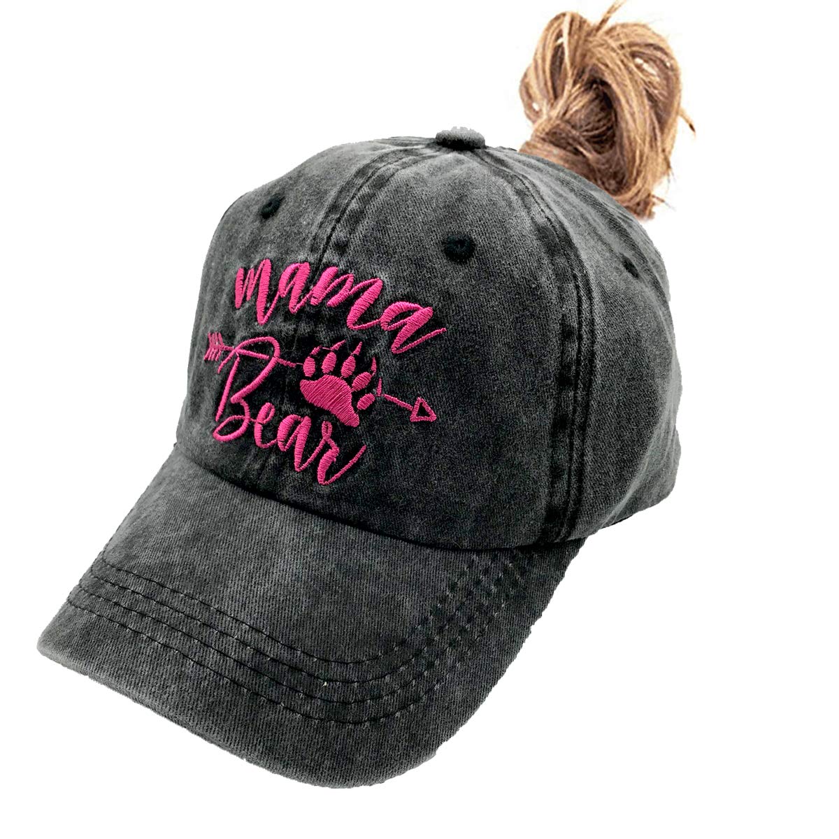 LOKIDVE Mama Bear Ponytail Hat Embroidered Messy High Bun Distressed Baseball Cap