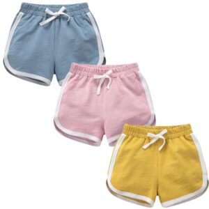 baby girls boys toddler 3 pack running athletic cotton shorts, kids workout and fashion dolphin summer beach sports (yellow-blue-pink, 12-24 months)