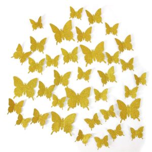 mybbshower gold 3d paper butterfly wall stickers for home door wall decor birthday party decoration kids room pack of 36