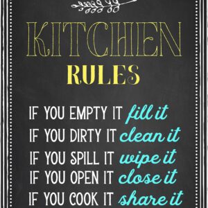 ‘Kitchen Rules’ Chalkboard Kitchen Wall Art Print - 11x14 UNFRAMED with Teal Blue, Yellow & White on Black Perfect for Rustic, Vintage, Modern Farm, Cottage, Country and Retro Decor.