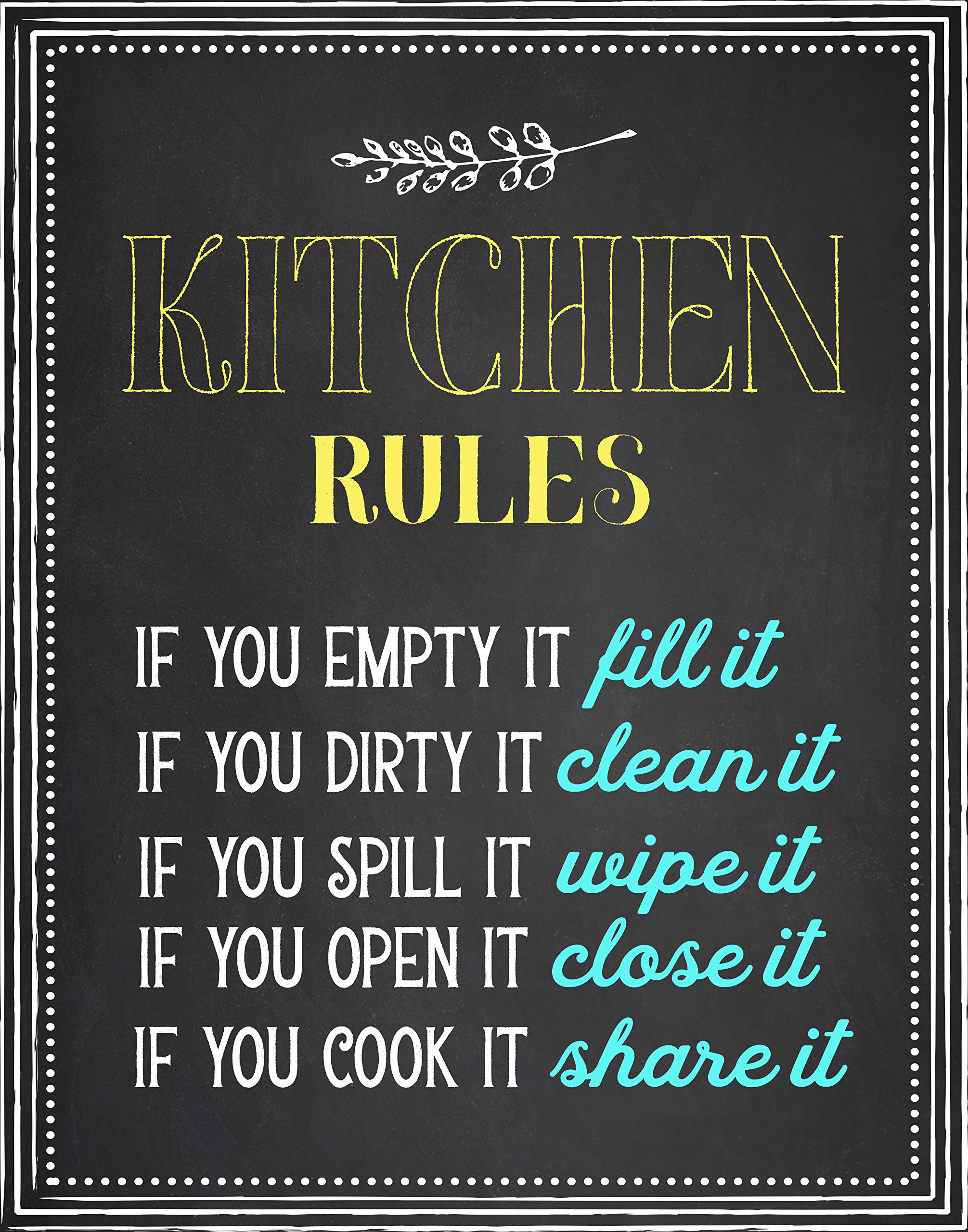 ‘Kitchen Rules’ Chalkboard Kitchen Wall Art Print - 11x14 UNFRAMED with Teal Blue, Yellow & White on Black Perfect for Rustic, Vintage, Modern Farm, Cottage, Country and Retro Decor.