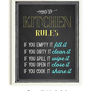 ‘Kitchen Rules’ Chalkboard Kitchen Wall Art Print - 11x14 UNFRAMED with Teal Blue, Yellow & White on Black Perfect for Rustic, Vintage, Modern Farm, Cottage, Country and Retro Decor.