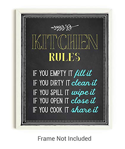 ‘Kitchen Rules’ Chalkboard Kitchen Wall Art Print - 11x14 UNFRAMED with Teal Blue, Yellow & White on Black Perfect for Rustic, Vintage, Modern Farm, Cottage, Country and Retro Decor.