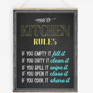 ‘Kitchen Rules’ Chalkboard Kitchen Wall Art Print - 11x14 UNFRAMED with Teal Blue, Yellow & White on Black Perfect for Rustic, Vintage, Modern Farm, Cottage, Country and Retro Decor.