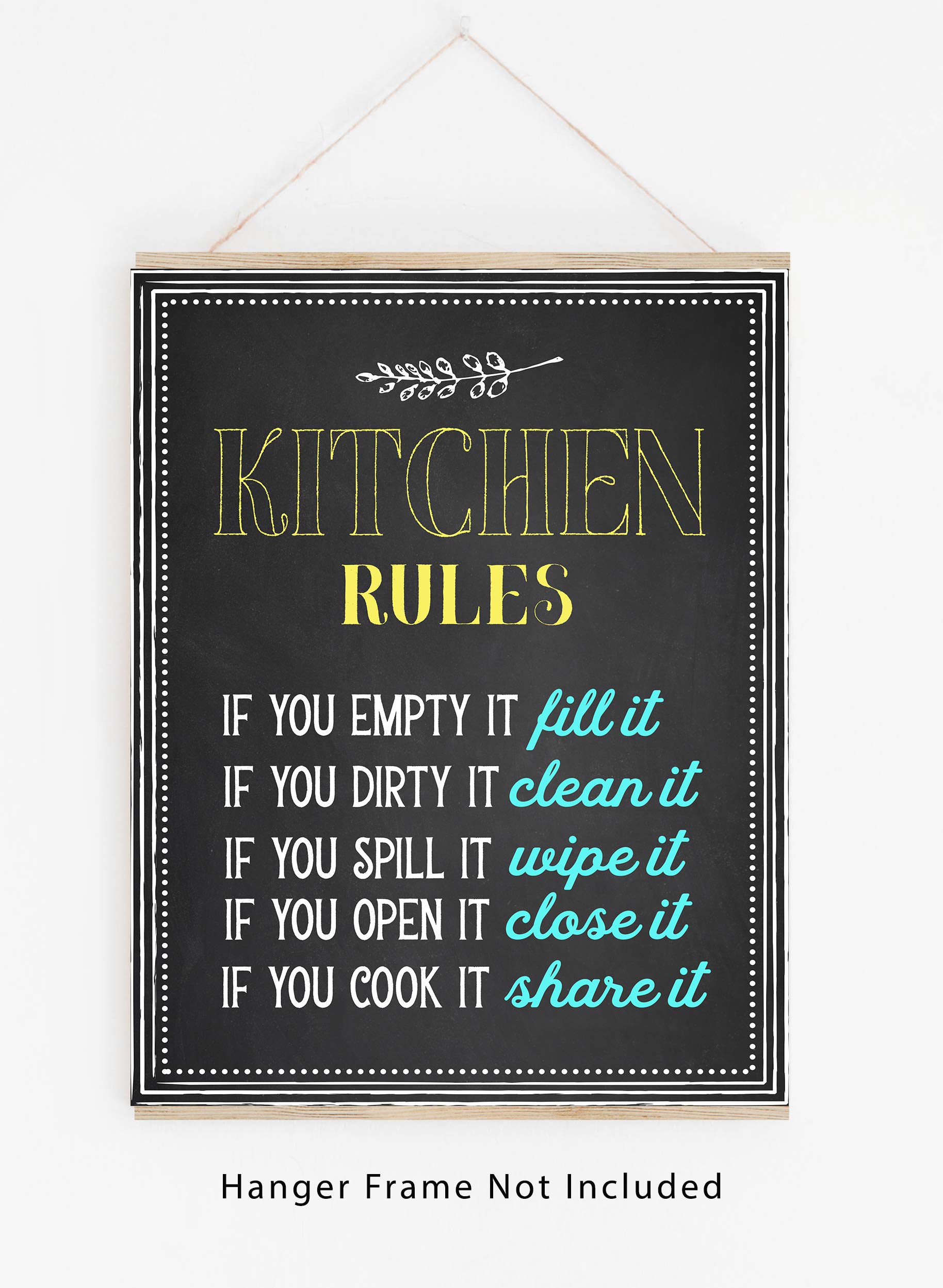 ‘Kitchen Rules’ Chalkboard Kitchen Wall Art Print - 11x14 UNFRAMED with Teal Blue, Yellow & White on Black Perfect for Rustic, Vintage, Modern Farm, Cottage, Country and Retro Decor.