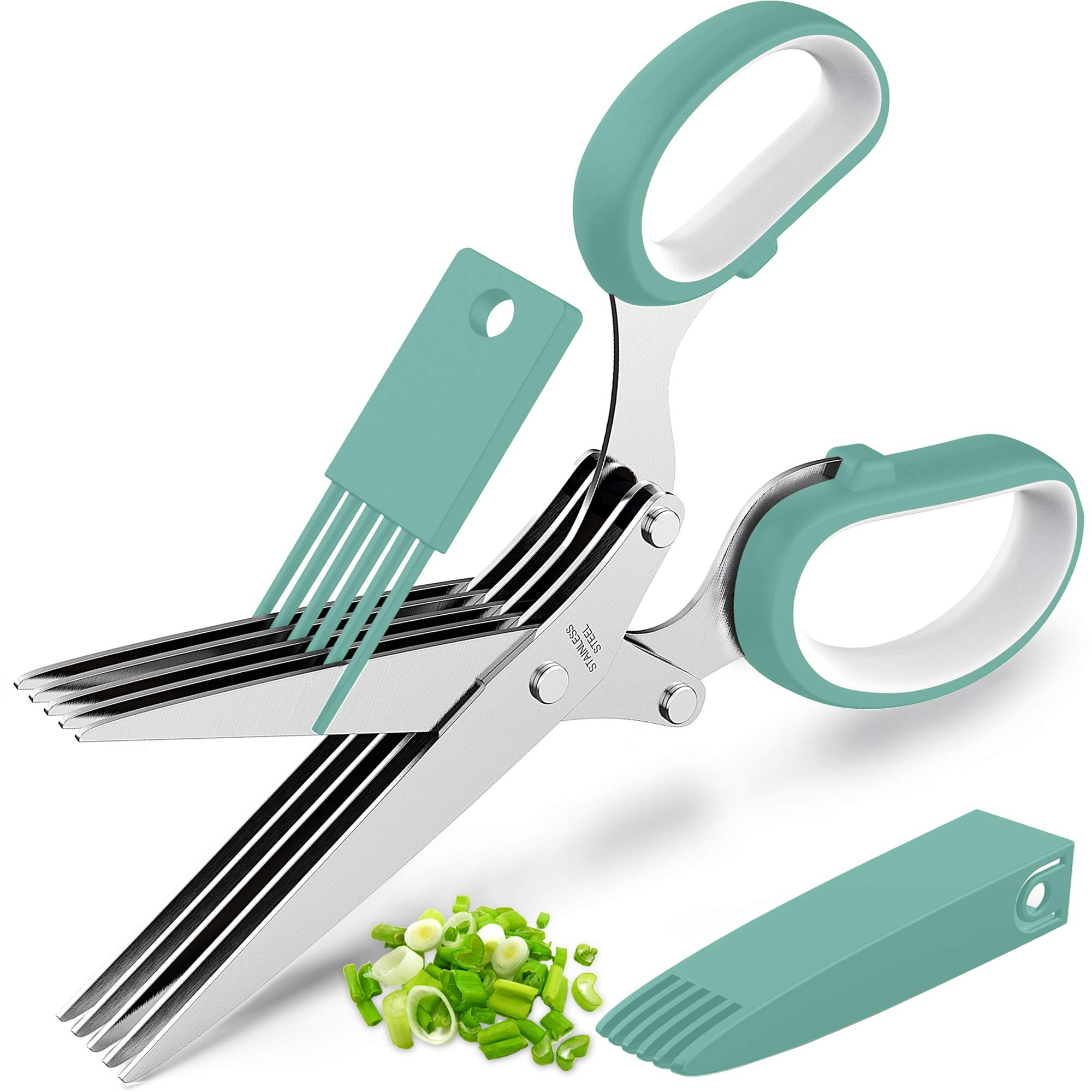 Updated 2023 Herb Scissors Set - Cool Kitchen Gadgets for Cutting Fresh Garden Herbs - Herb Cutter Shears with 5 Blades and Cover, Sharp and Anti-rust Stainless Steel, Dishwasher Safe (Blue-White)