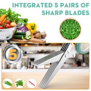 Updated 2023 Herb Scissors Set - Cool Kitchen Gadgets for Cutting Fresh Garden Herbs - Herb Cutter Shears with 5 Blades and Cover, Sharp and Anti-rust Stainless Steel, Dishwasher Safe (Blue-White)