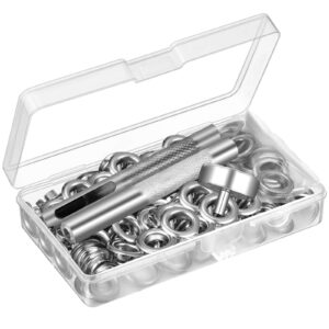 uubaar 100 sets grommet kit, thickened grommets eyelets 1/4 inch, silver metal eyelet, grommet tool kit for leather, fabric, tarp, shoes, clothing, with 3pcs installation tools